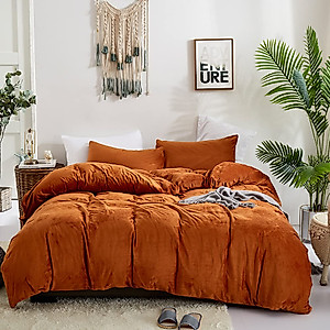 CLOTHKNOW Terracotta Velvet King Size Duvet Cover Set 3Pcs Fluffy Bedding Sets Rust Bedding Orange Comforter Cover Caramel Bedding for Men Women