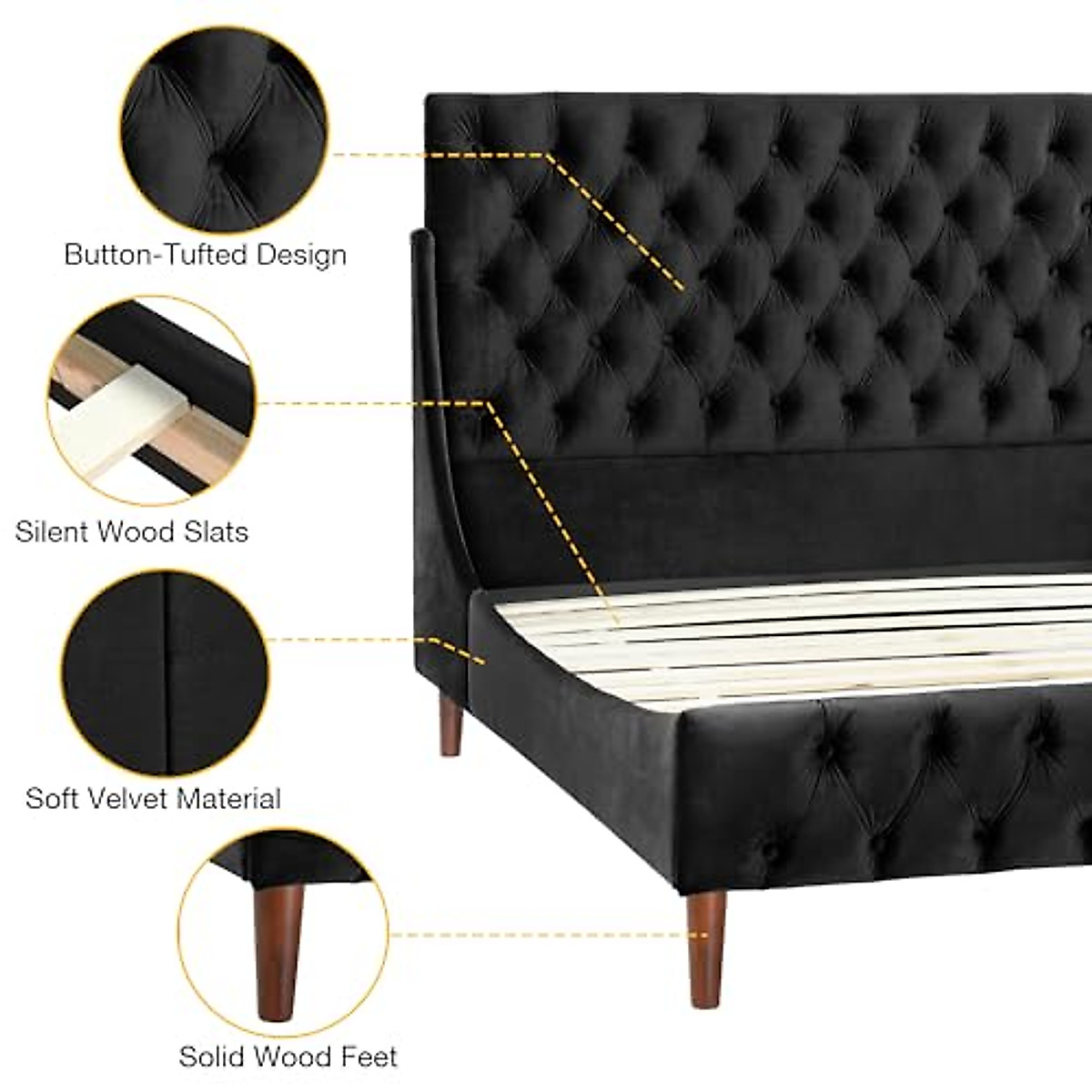 affeivul King Bed Frame and Headboard, King Size Platform Bed Frame No Box Spring Needed, Upholstered Bed Frame King with Cotton and Velvet, Low Storage, Modern Design and Wood Slats - Black