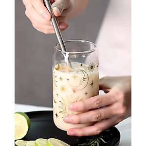 Nefelibata Sun and Moon Iced Coffee Cup Beer Can Glass for Hot/Cold Beverages Gothic Sun Moon Star Tumbler with Lid and Straw Celestial 16oz Coffee Mug Witchy Tarot Gift Boho Home Decor Birthday Gifts