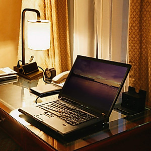 Iporovon 3-Way Dimmable Touch Control Lamps for Nightstand, Bedside Lamp with USB Ports & Outlet, Linen Shade, 2 Phone Stand & Pen Holder, Modern Desk Side Table Lamp for Bedroom Living Room Reading