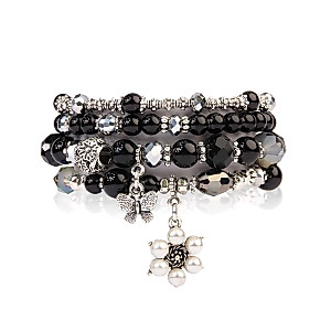 RIAH FASHION Bohemian Multi Strand Faux Pearl Bracelets - Layer Beaded Statement Stretch Lovely Crystal Bangles Star, Heart (Butterfly - Black)