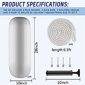 VOYOCHT Boat Fenders 4 Pack 10 x 28 Inches Ribbed Center Hole Boat Fenders Bumpers for Docking(White)