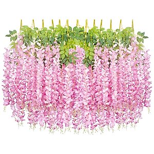 AITISOR 24 Pack Artificial Fake Wisteria Vine Ratta (3.75 Feet) Hanging Garland Silk Flowers String Home Party Wedding Decor(Pink)