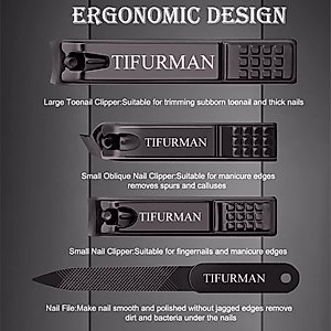 Nail Clippers Set, TIFURMAN Stocking Stuffers, Fingernail & Thick Toenail & Ingrown Nail Clippers & Nail File, Perfect 4 pcs Nail Clippers Cutter for Men and Women(Black)