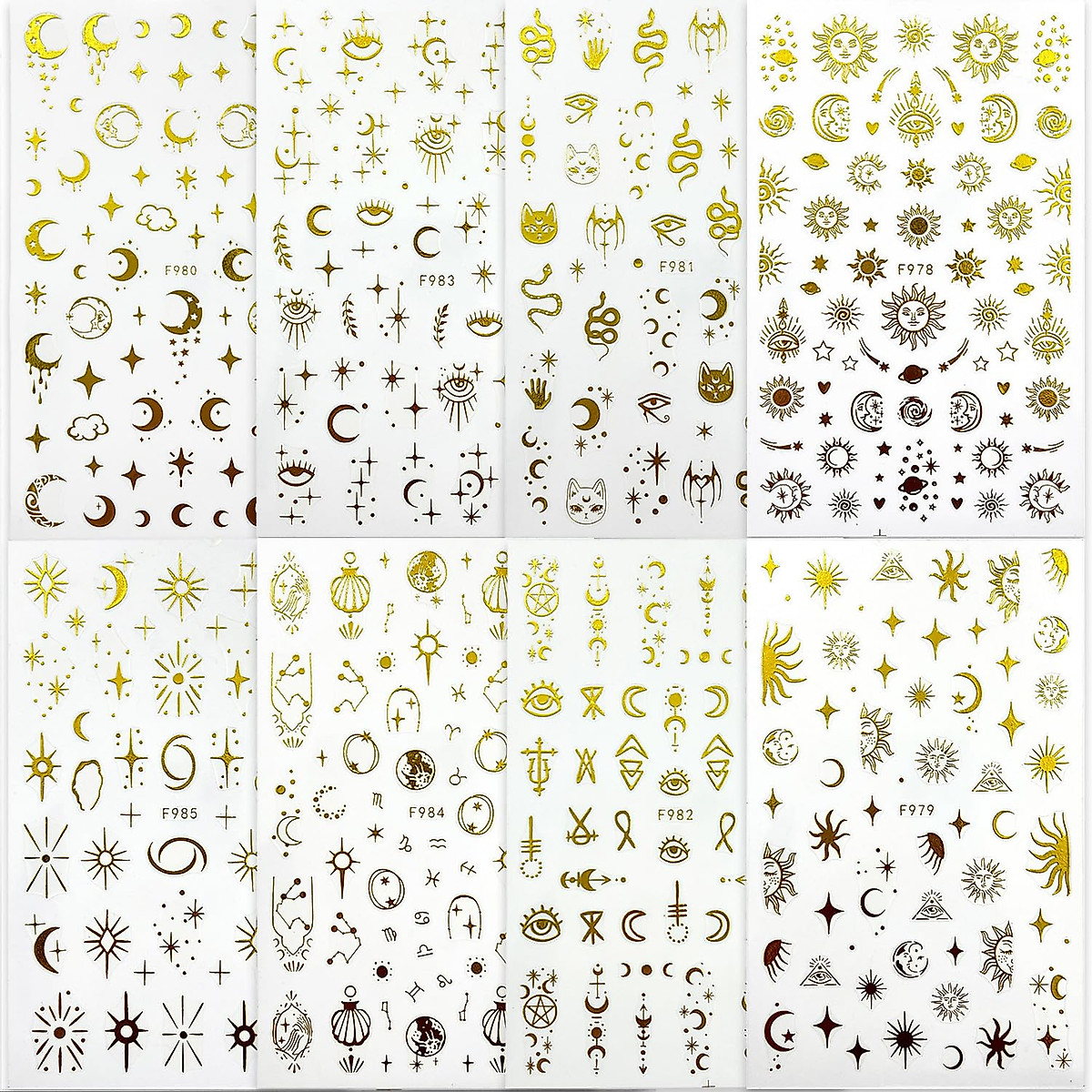 8 Sheets Gold Star Moon Nail Art Stickers Decals Snake Sun Eye Nail Stickers 3D Self Adhesive Nail Decals Design Various Patterns Nail Art Decals for Women DIY Manicure Decoration Supplies