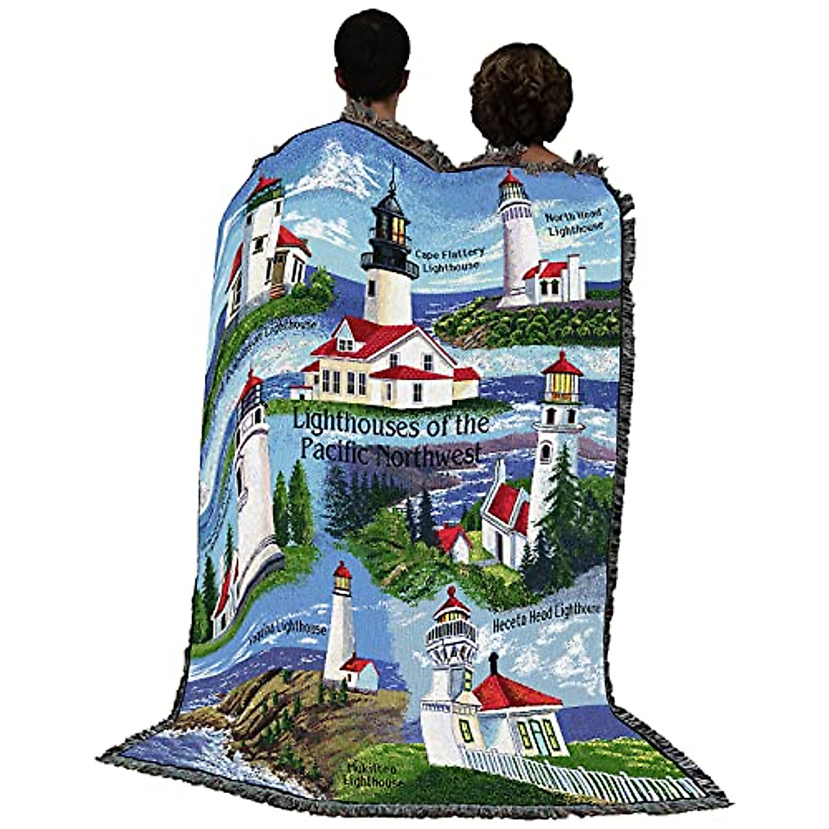 Lighthouses of the Pacific Northwest Blanket - Pt Robinson Umpqua River Noth Head Yaquina Cape Flattery Heceta Mukilteo - Coastal Ocean Gift Tapestry Throw Woven from Cotton - Made in the USA (72x54)