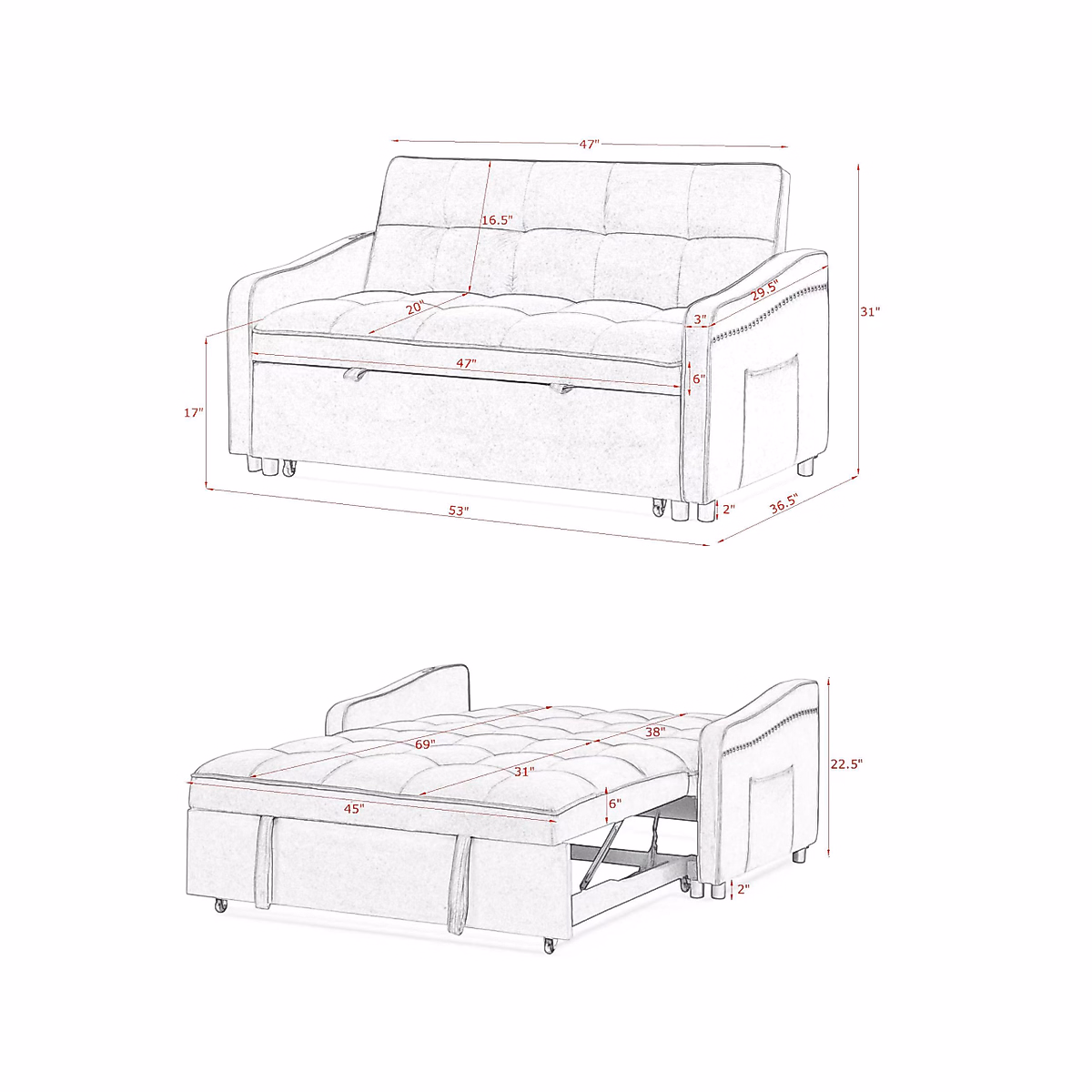 Verfur 3 in 1 Pull Bed Sleeper, Modern Upholstered Loveseat Lounge Sofa & Couches w/Reclining Backrest, Convertible Futon Love Seat Small Furniture for Living Room, Black w/USB Charging