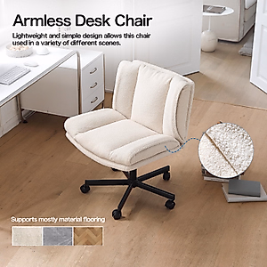 LEAGOO Criss Cross Chair with Wheels, Furry Armless Desk Chair, Comfy Wide Seat Cross Legged Office Chair, Stylish Height Adjustable Cute Swivel Vanity Chair for Home Office, Make Up, Cream White