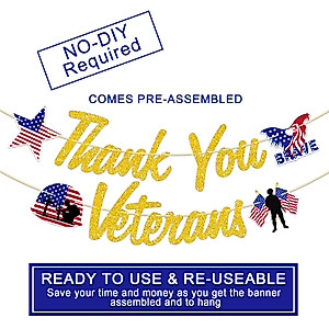 Veterans Day Banner, Thank You Veterans Glitter Letter Banner Cardstock Paper Garland Patriotic Party Decorations