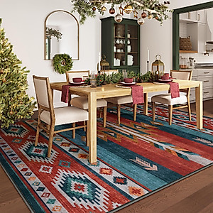 LIVEBOX Washable Native American Christmas Rug 8x10 - Soft Western Rugs for Living Room Thin Non-Slip Rug for Bedroom, Throw Carpet Southwestern Large Rugs for Living Room,(8 x 10 ft, Red Multi)