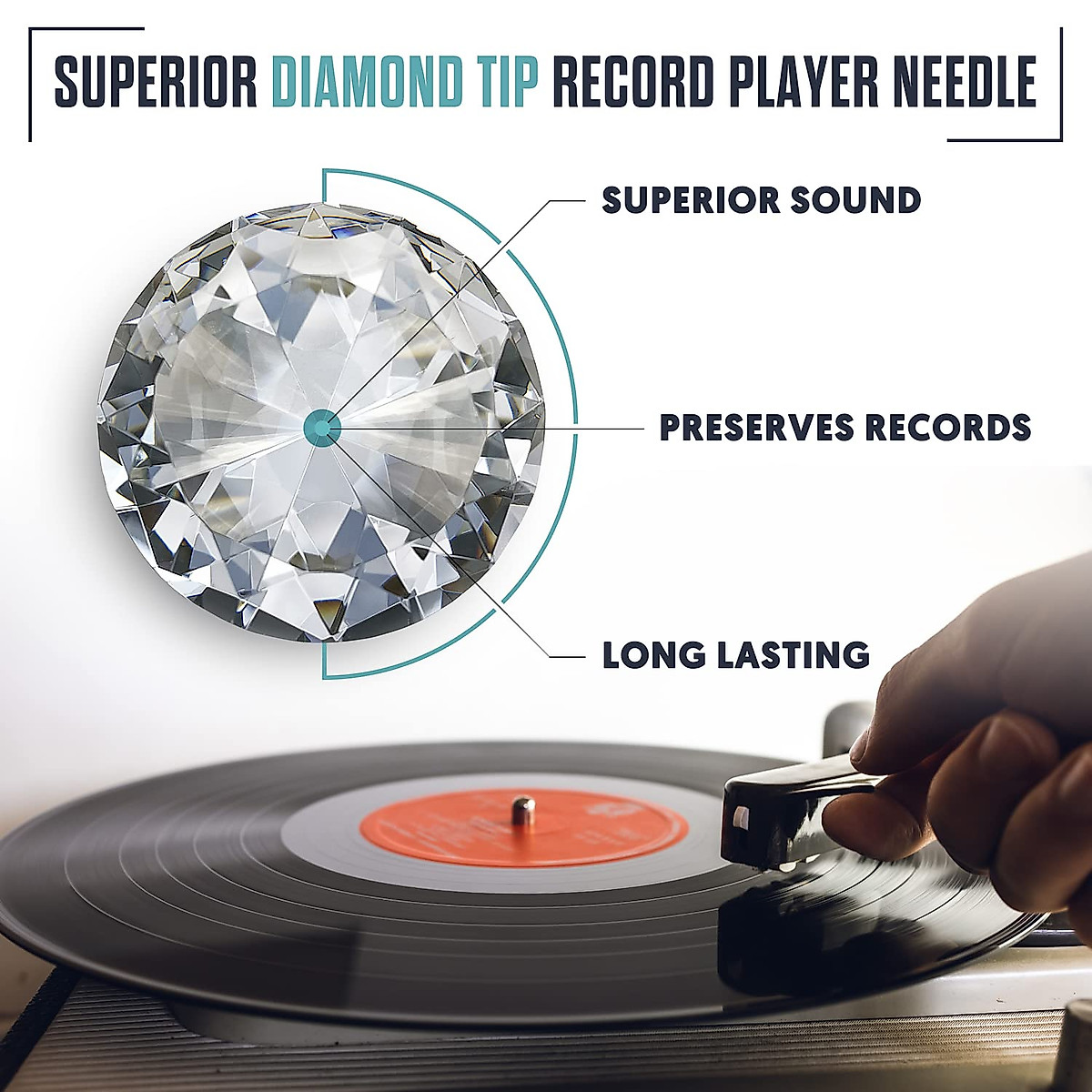 2 -Pack Record Player Needle Replacement w/Diamond Tip - Compatible with Crosley, Jensen, Pyle, Detrola & More - Superior Sound - Protect Your Vinyl - 3000Hrs of Playback – Quick Install
