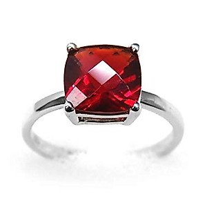 R90808G Classic Style Green Helenite Cushion Cut 8mm (1.6Ct) Sterling Silver Ring (Green, 7)