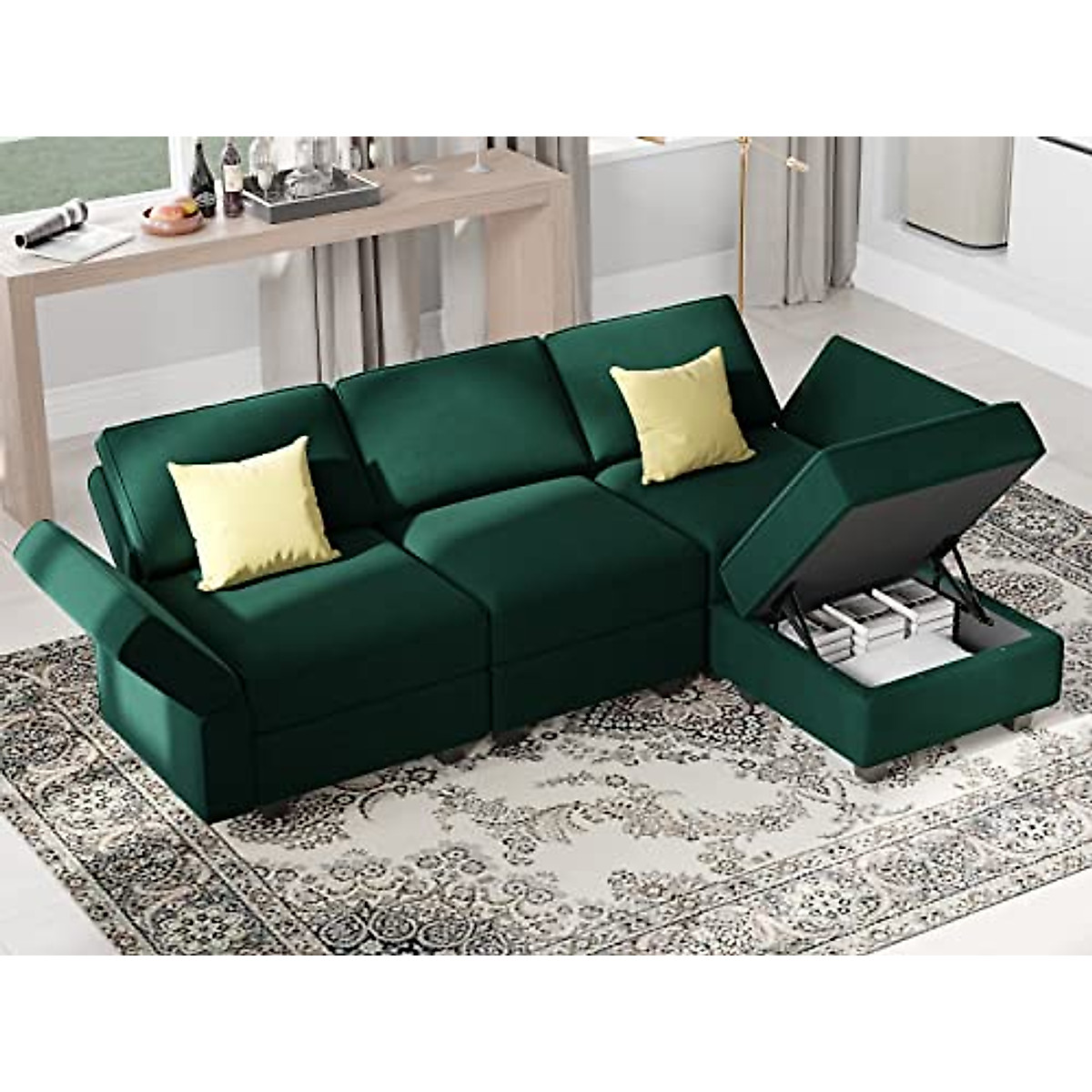 Belffin Convertible Sectional Sofa with Chaise Velvet L Shaped Sofa Couch Modular Sectional Sofa with Storage Green