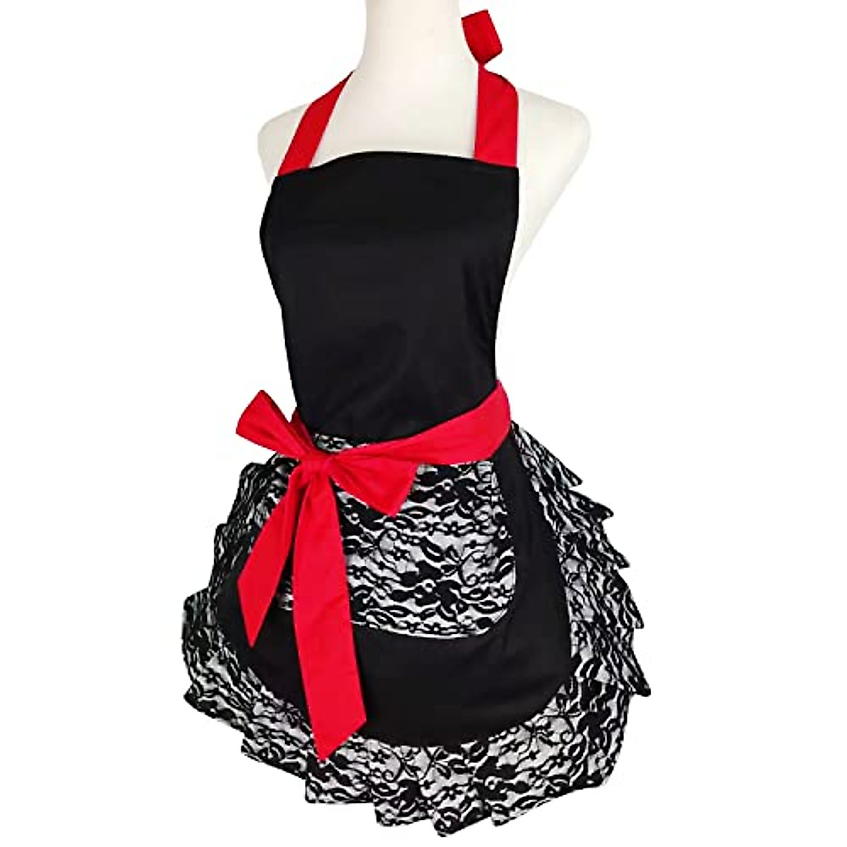 Floosum Black Lace Flirty Apron with Pocket, Fun Retro Sexy Cooking Pinup Aprons for Women Girls