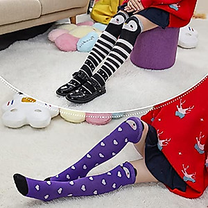 LINEMIN 3-12 Years Girls Knee High Socks Kids Cartoon Animal Warm Cotton Long Tall Boot Socks 6 Pairs (6 Pairs Animal C)