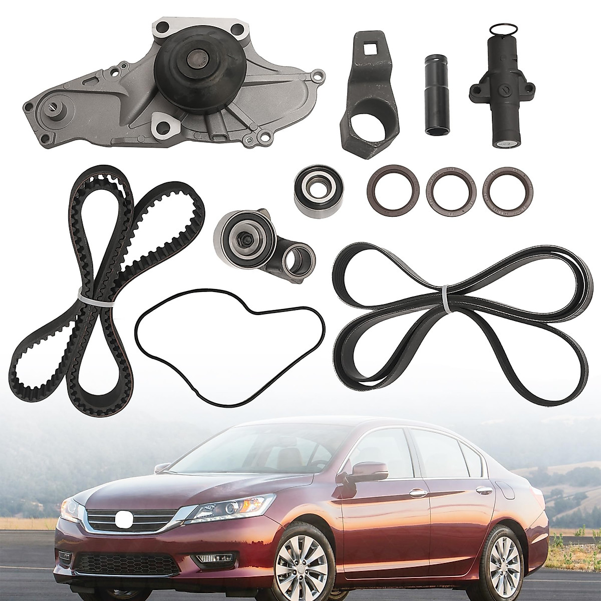 TKH-002 Engine Timing Belt Kit w/Water Pump+Harmonic Balancer Socket(19 mm) & Crankshaft Crank Pulley Wrench Holder (50mm), for Honda Accord Pilot Ridgeline, for Acura RL TL, TCKWP329, 19200-RDV-J01