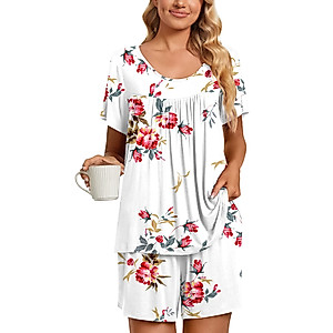 TAOHUADAO Womens Summer 2 Piece Pajama Sets, Short Sleeve Pleated Tunic Tops with Comfy Shorts, Lounge Sleepwear Ladies Pjs Sets with Pockets M, Floral White