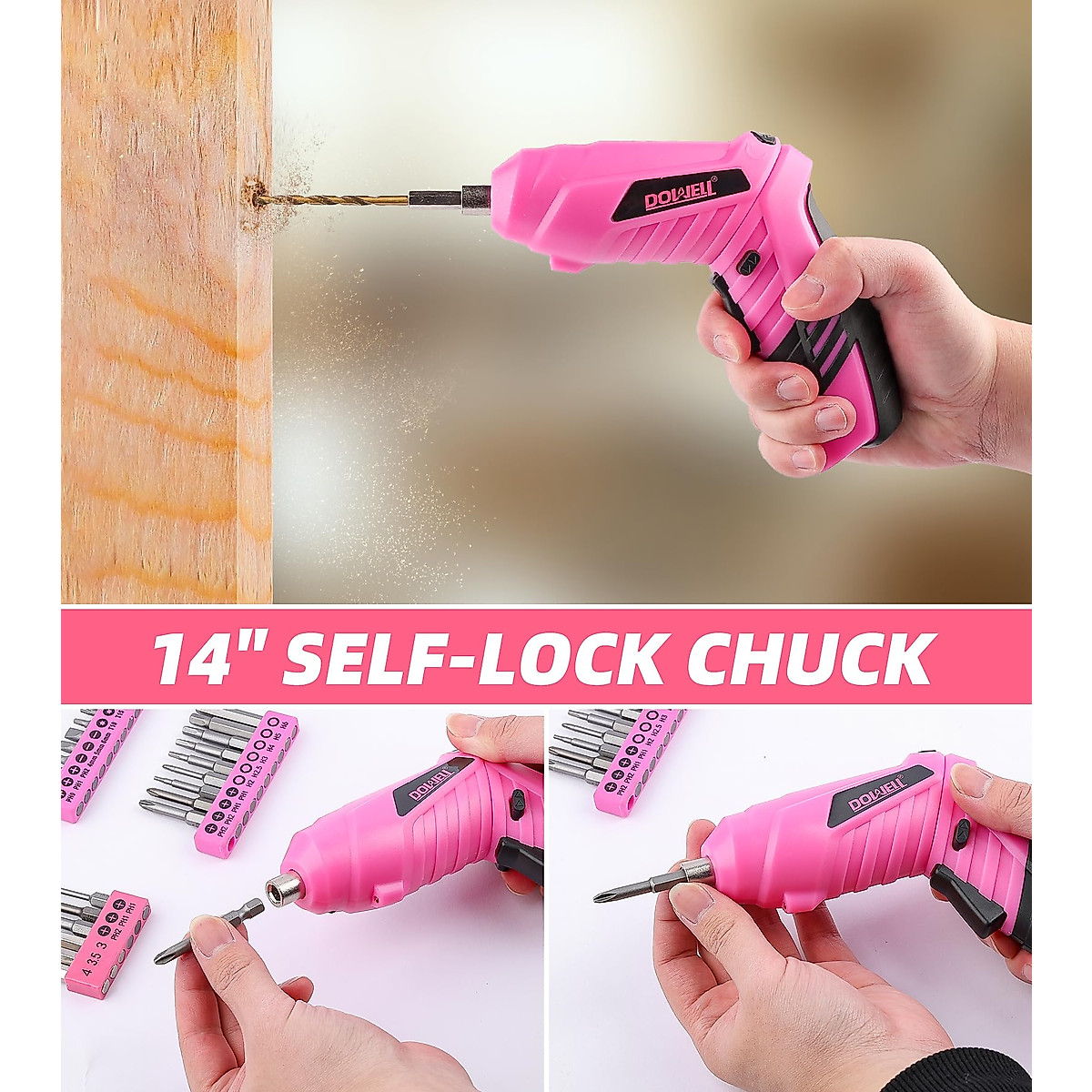 DOWELL Power Electric Cordless Screwdriver Set Rechargeable 3.6V Power Screwdriver Kit Tools for Women with 27pcs Accessories Pink
