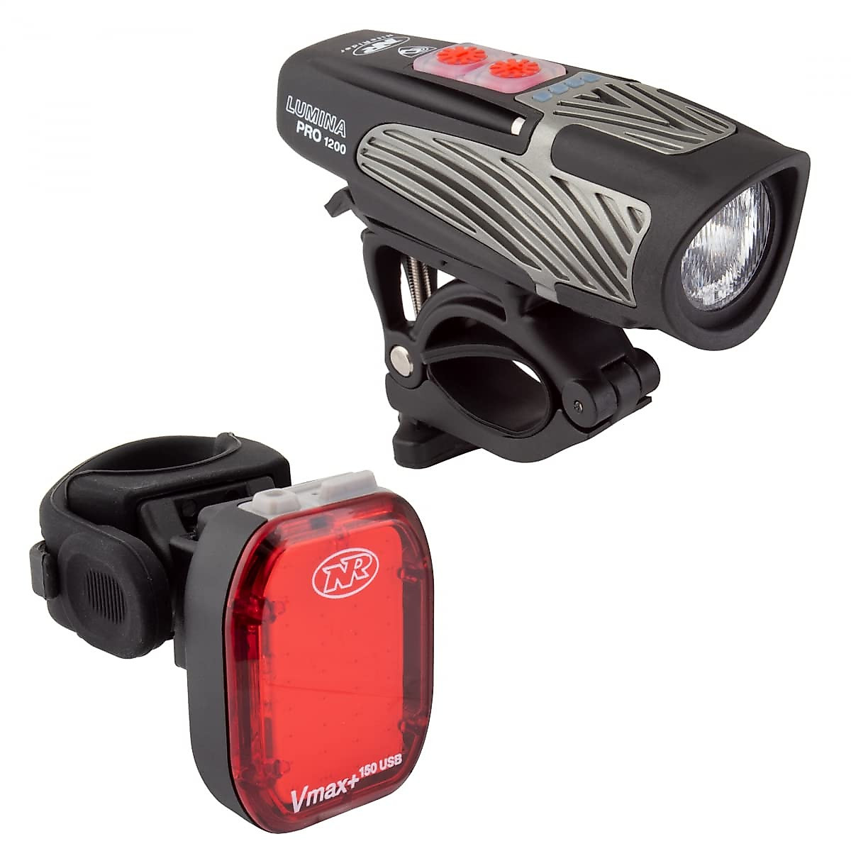 Lumina Pro 1200 and Vmax+ 150 Bike Light Set Combo USB Rechargeable Bicycle Headlight LED Front Light Water Resistant Mountain Road City Commuting Cycling Safety Flash Black/Red