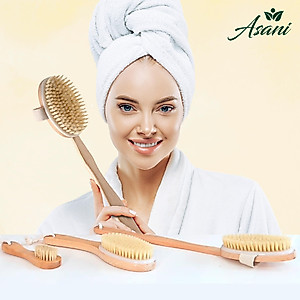 Asani Dry Brushing Body Brush Set for Lymphatic Drainage & Cellulite - 3-Pcs Detachable Back, Contour Body & Face Brushes Organic Gift for Dry Skin, Exfoliation, Invigorating Showers
