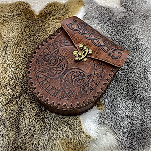 HiiFeuer Viking Fenrir Embossed Buckle Belt with Nordic Embossed Belt Bag, Vintage Faux Leather Belt and Belt Pouch Set for LARP (Brown C)