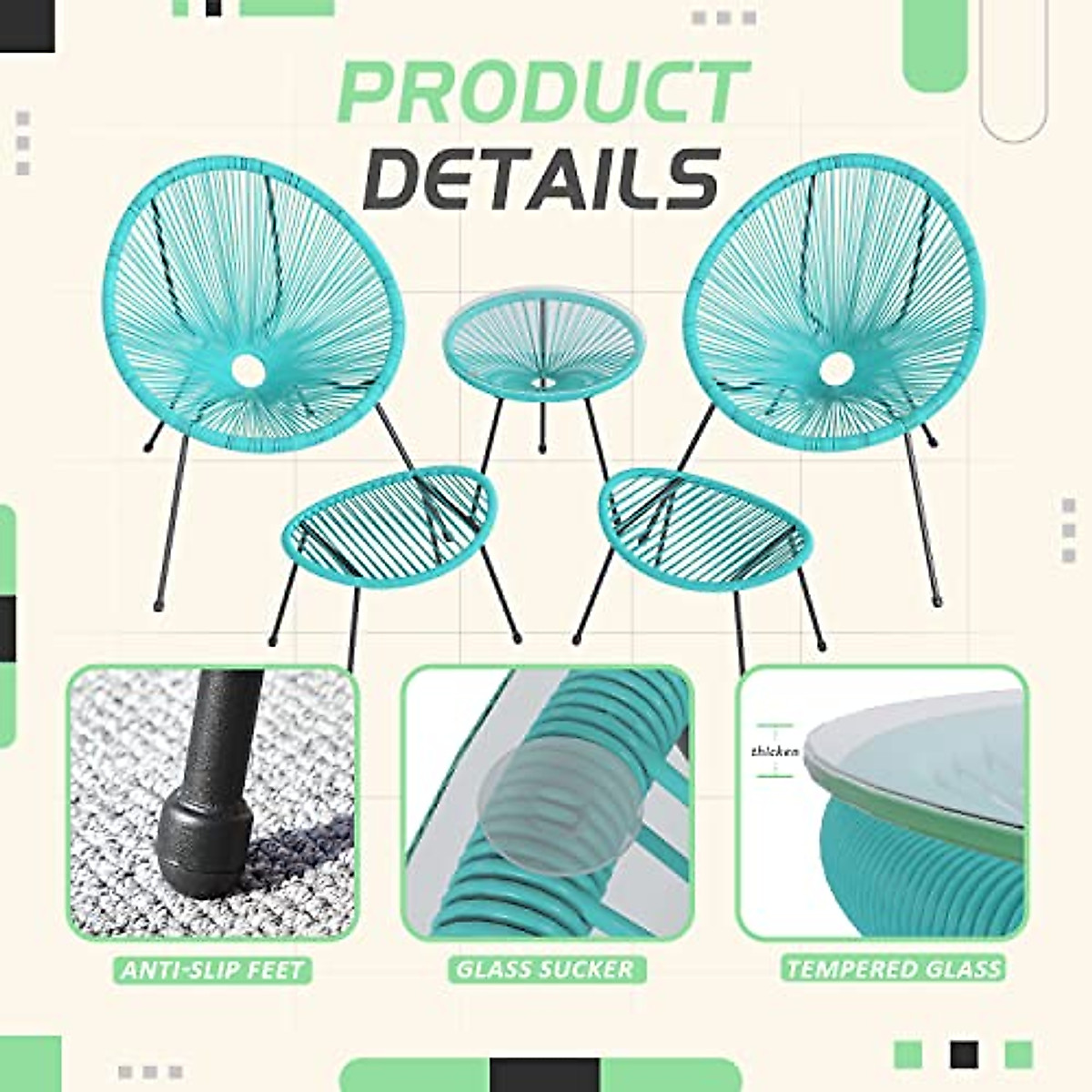 Flamaker 5 Piece Patio Furniture Acapulco Chairs Outdoor Conversation Set All-Weather Plastic Rope Lounge Chair Modern Patio Chairs Set for Porch, Lawn, Balcony, Poolside (Blue)