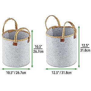 mDesign Round Felt Basket and Attached Braided Handles - Portable and Foldable for Compact Storage, Set of 2 - Gray