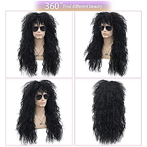 MUPUL Men's 80's Style Glam Rock-Rocker Long 26inch Black water wave Hair Wig Perfect for Halloween Cosplay Costume Party Wigs Rock Curly Wig (black-1)