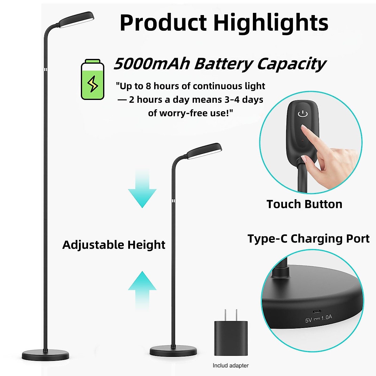 YUWLDD Battery Floor Lamp,Rechargeable Portable Reading Floor Lamp for Living Room,Battery Powered Cordless Lamp,Touch Control for Camping,Emergency Lighting(Black)