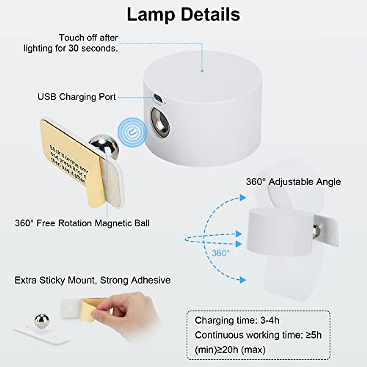 Lightess LED Wall Sconce, Wall Mounted Lamp with Rechargeable Battery Operated, 3 Brightness Level & 3 Color Temp 360°Rotate Magnetic Ball,Touch & Remote Control Wall Light for Reading Bedside