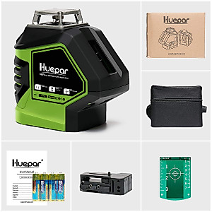 Huepar Self-Leveling Green Laser Level Cross Line with 2 Plumb Dots Laser Tool -360-Degree Horizontal Line Plus Large Fan Angle of Vertical Beam with Up & Down Points -Magnetic Pivoting Base 621CG