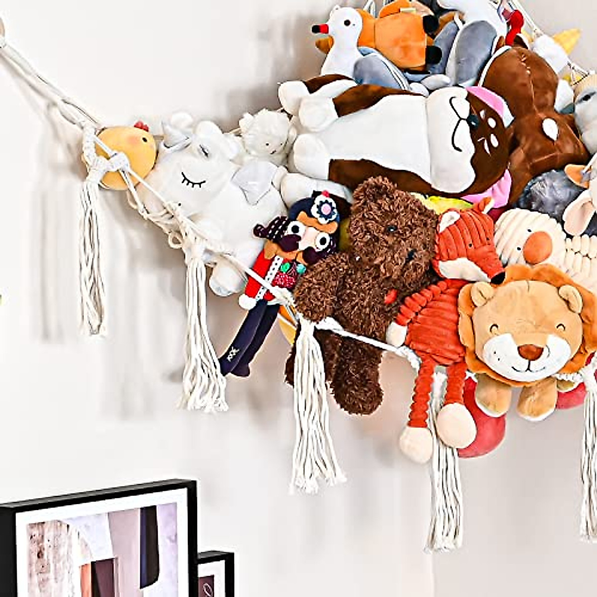 Hautton Stuffed Animal Hammock Net Storage, Macrame Hanging Hammock Plushie Toy Organizer Boho Wall Corner Net Holder for Kids Room Nursery Playroom -Large/White