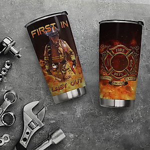 20oz Firefighter Tumbler, First in Last Out, Firefighter Gifts, Coffee Thermos for Men, Stainless Steel Double Wall Vacuum Insulated Coffee Mug, Travel Cup with Lid