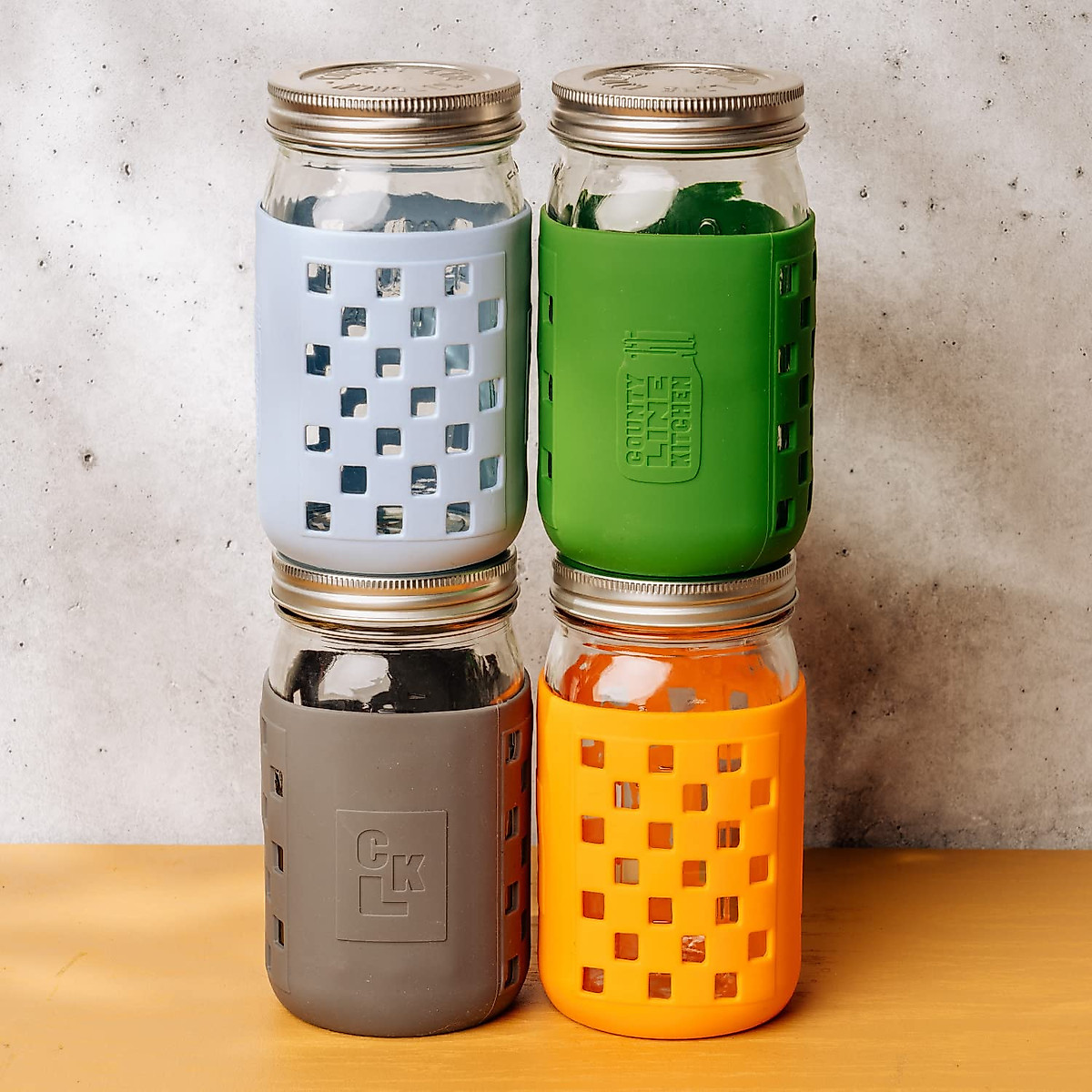 County Line Kitchen – Silicone Mason Jar Protector Sleeves for 1Qt Mason Jar – Fits 32 oz, Variety Colors, 4pk. Includes Gray, Sky Blue, Leafy Green and Sunrise Orange