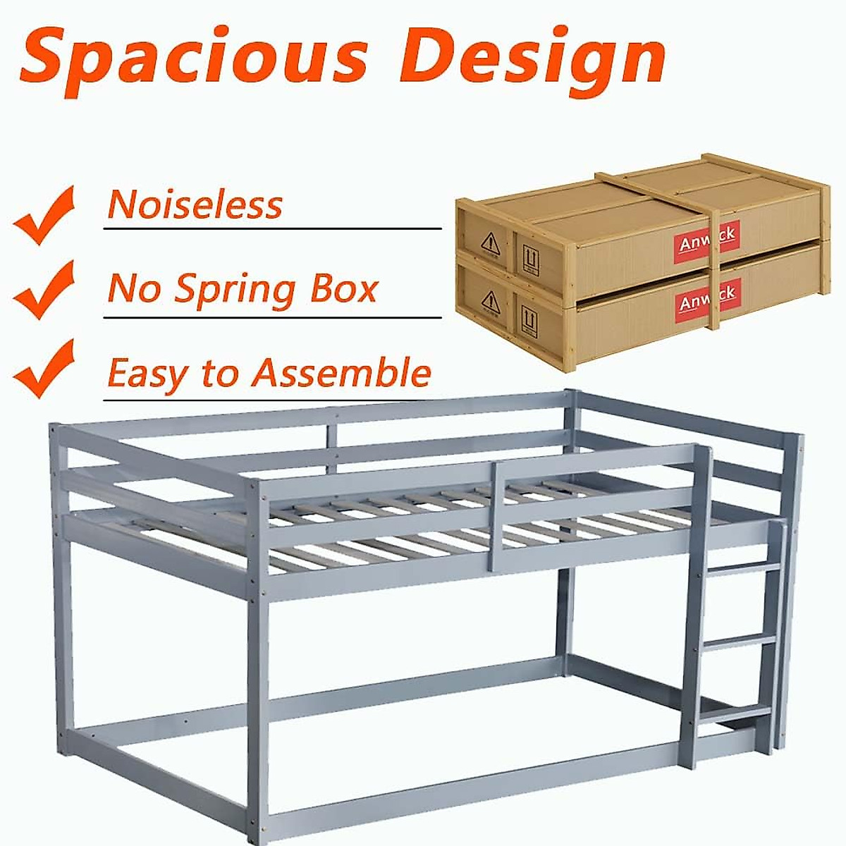 Anwick Twin Over Twin Low Bunk Bed with Stairs and Rails, Wooden Bunk Beds Frame with Safety Guardrail and Slats for Toddlers, Kids, Teens, Boys, Girls, Noise-Free (Grey)