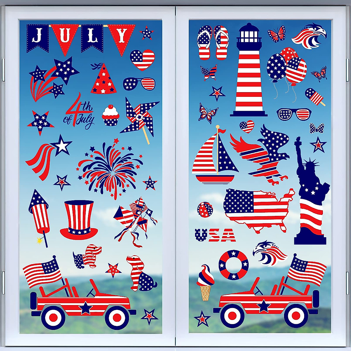 4th of July Patriotic Window Clings Memorial Day Decorations Double-Sided for Glass Windows 4 Sheets USA Stars Fourth Window Clings Veterans Day Independence Day Patriotic Holiday Decorations