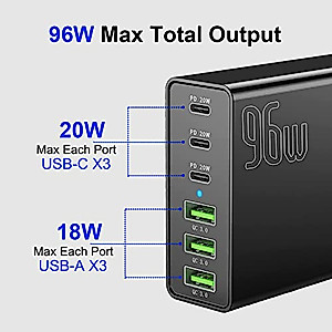 Multi USB Charger Station, 96W GaN Compact 6 Port USB C Fast Charging Station, Portable USB C Wall Charger Adapter 3 USB C + 3 QC USB A for All iPad iPhone 14 13 12 11 Pro Max Pixel Samsung and More