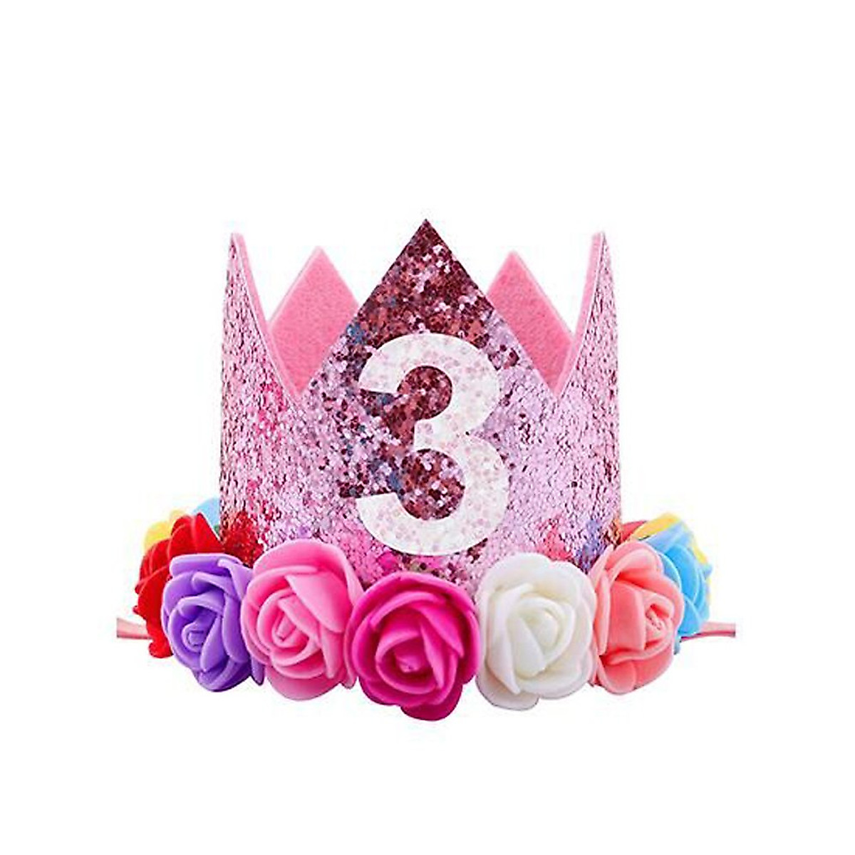 ipalmay Baby Princess Glitter Pink Crown, 3st Birthday Party Hat Pink with Mix Rainbow Color Flowers