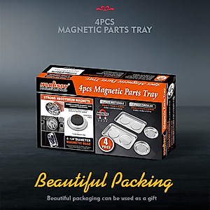 HORUSDY 4-Piece Large Magnetic Parts Tray Set, Stainless Steel Heavy Duty 9.5"W x 5.5''L Square and 4.5" Round Magnetic Trays Tools Parts Tray