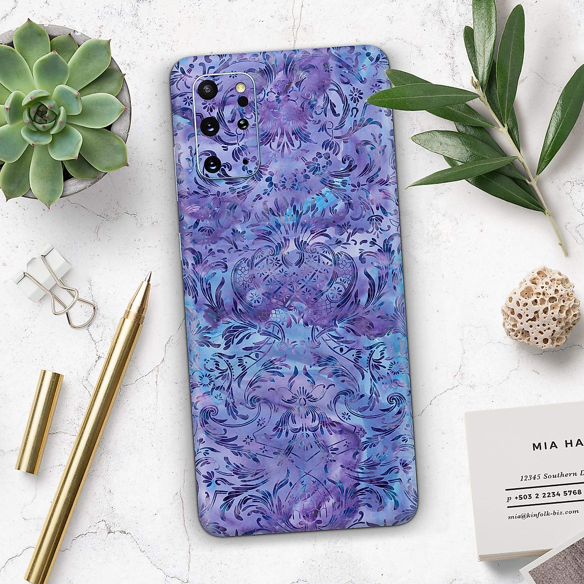 DesignSkinz Purple Damask v2 Watercolor Pattern V2 Protective Vinyl Decal Wrap Skin Cover Compatible with The Samsung Galaxy S20 (Screen Trim & Back Glass Skin)