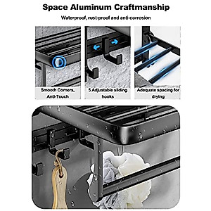 Bathroom Towel Rack, Foldable Towel Racks for Bathroom with 5 Sliding Towel Hooks, Drilling/Adhesive Towel Rack Wall Mounted for Rental/Restroom/Bedroom, Upgrade Wall Anchors, Rustproof, 24in