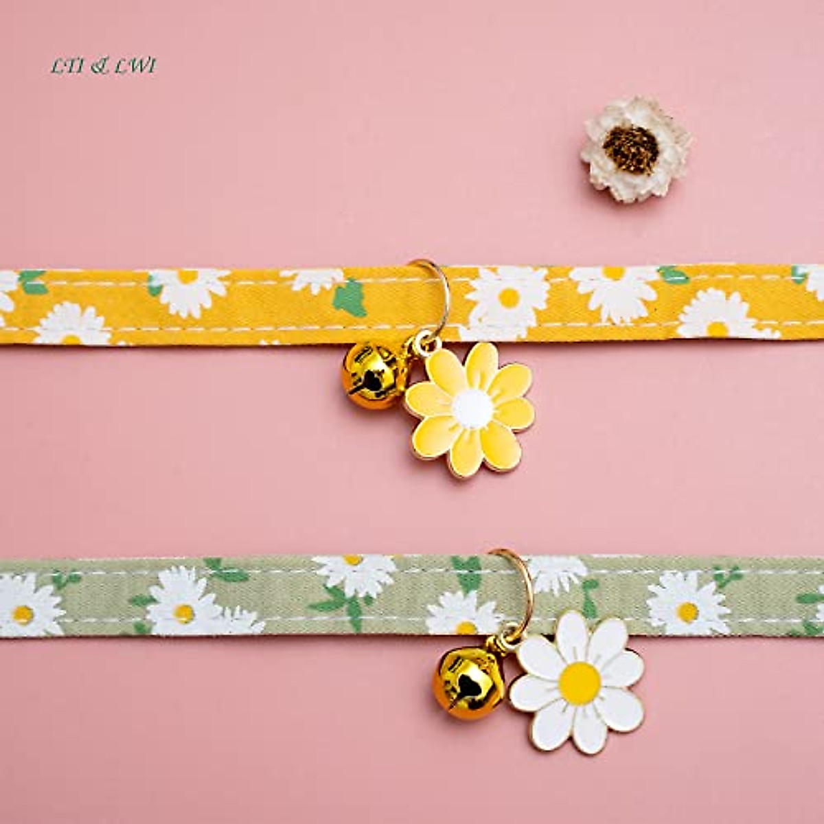 2 Pack Cotton Breakaway Cat Collars with Bell Flower Pendant Kitty Kitten Collars Yellow Green Collar for Female Girl Cats Male Boy Cats