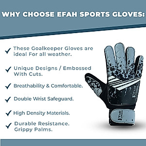 EFAH SPORTS Soccer Goalkeeper Gloves for Kids Boys Children Youth Football Goalie Gloves with Super Grip Protection Palms (Size 5 Suitable for 9 to 12 Years Old, Black Grey)