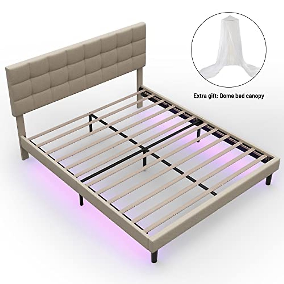 INCLAKE Queen Size Platform Bed Linen Upholstered Platform Bed Frame with RGB LED Lights and Adjustable Headboard Square Stitched Bed Frame, Wood Slats Support, No Box Spring Needed, Beige