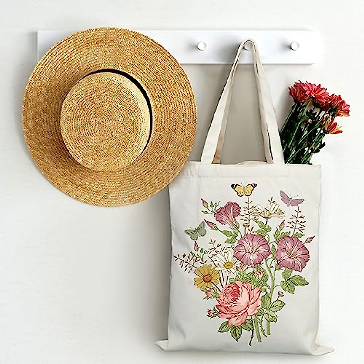 Silkfly 6 Pcs Aesthetic Canvas Tote Bag for Women Cute Tote Bag Funny Book Tote with Library Reusable Grocery Bag (Butterfly and Flower)