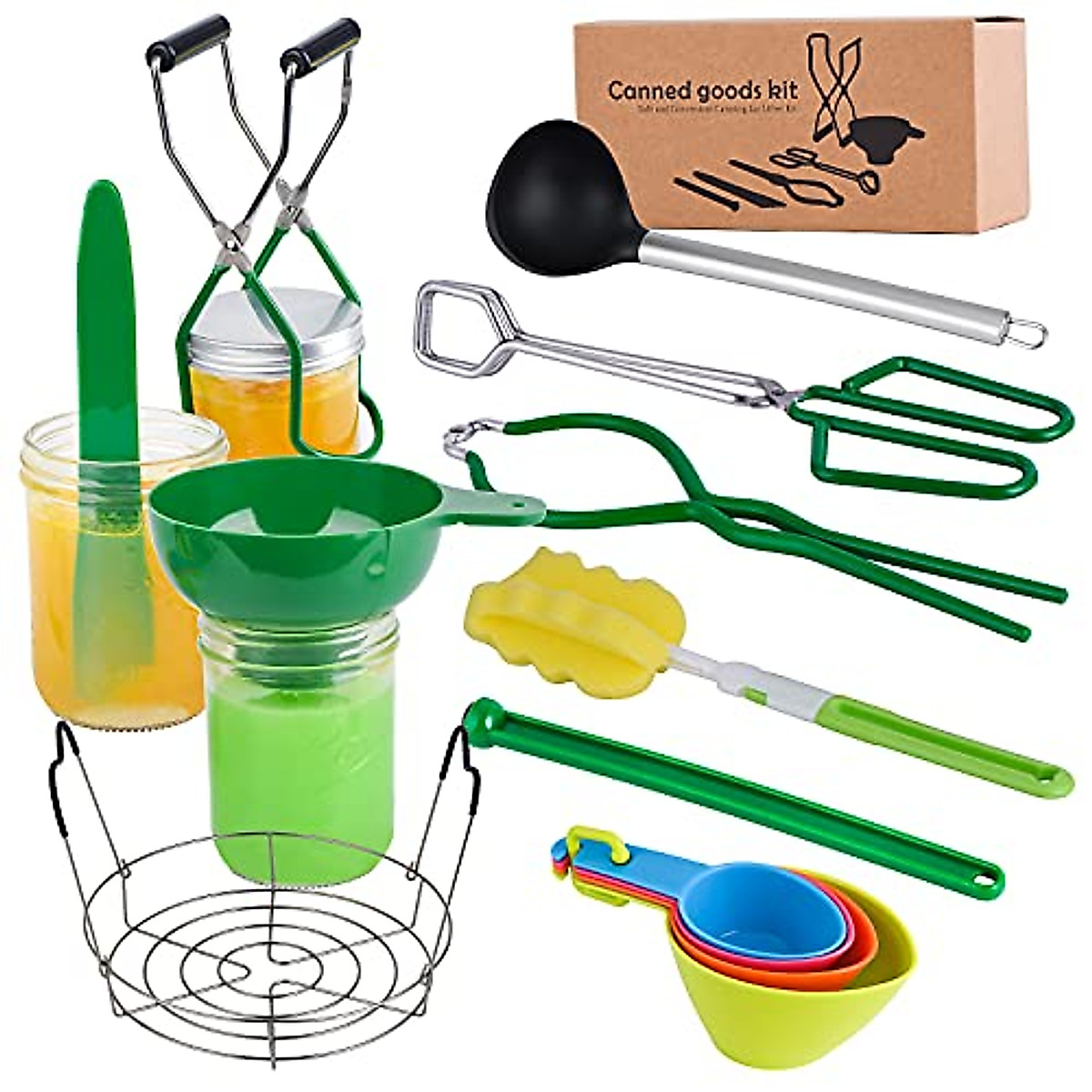 Canning Kit, 13 in 1 Canning Supplies Include Steamer Rack, Canning Funnel, Jar Lifter, Jar Wrench, Canning Tongs, Lid Lifter, Bubble Popper, Jar Brush, Canning Ladle, 4pcs Measuring Cups (Green)