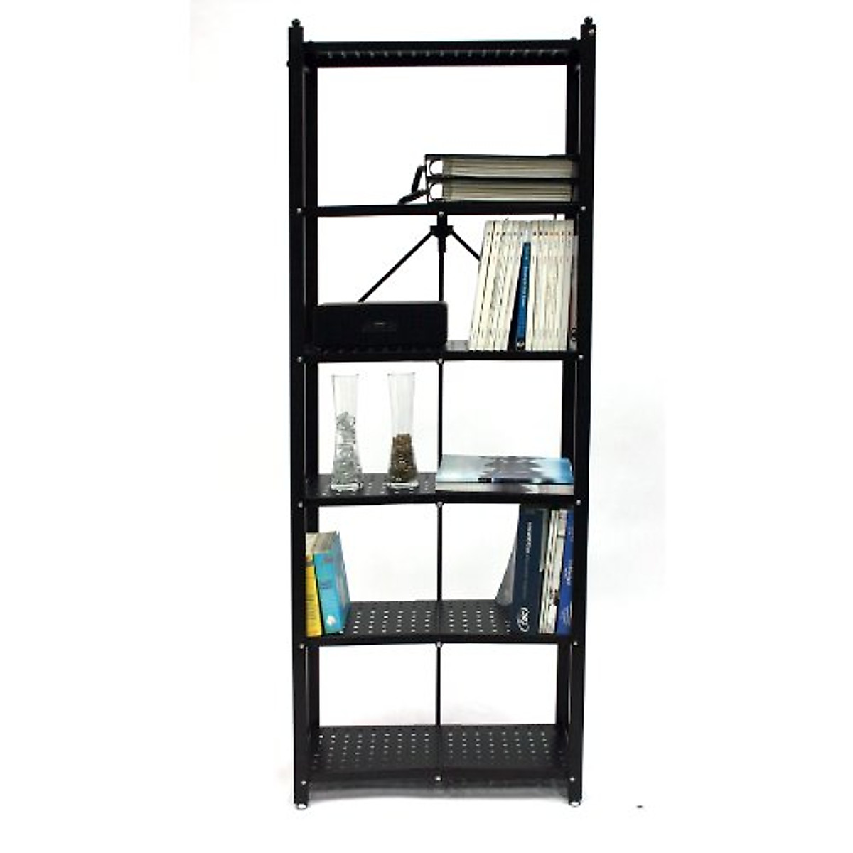 Origami 6-Shelf Bookcase | Open Style, Organizer Deco Rack, Large Book shelf, Tall Bookcase, Living room shelving, Freestanding, No assembly/no tools required, Modern Vertical Furniture | Black