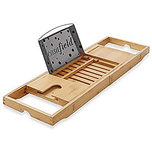 Casafield Bamboo Bathtub Caddy - Luxury Expandable Bath Tray - Adjustable Tub Organizer Holder for Tablet, Book, Phone, Wine Glass, Candles, and Soap