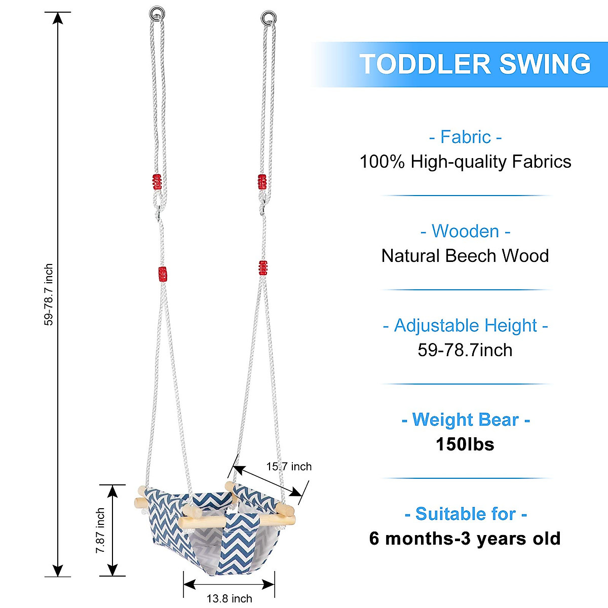 SARHLIO Hanging Swing Seat Chair for Infant and Toddle Wooden Canvas Hanging Baby Swing with Adjustable Ropes, Kids Toys Gifts Swing for Indoor Outdoor Backyard 6 Months to 3 Years Old(BHS01A)