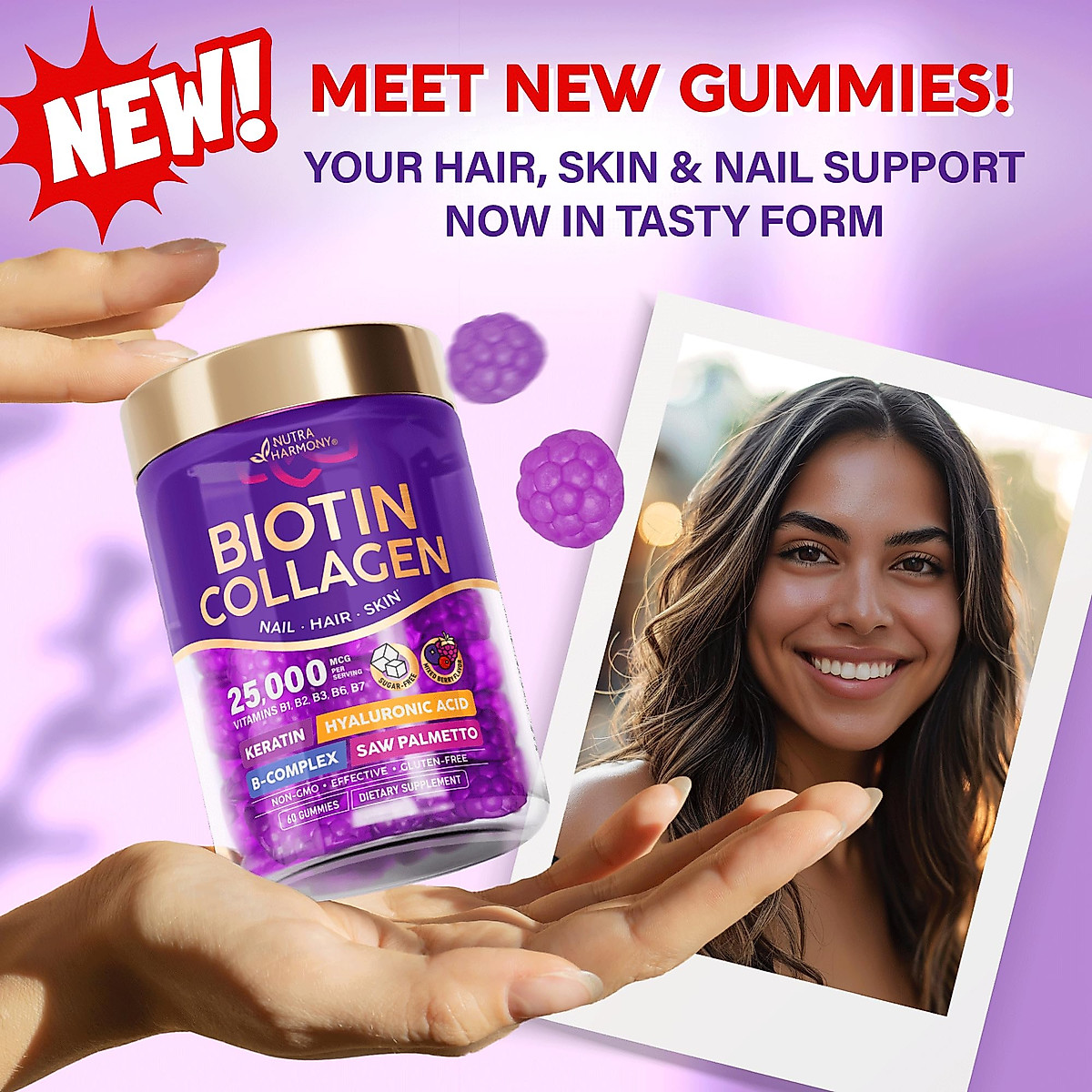 Biotin | Collagen | Keratin | Hyaluronic Acid - Hair Growth Support Supplement | Skin & Nails Beauty Complex 25000 mcg - B1 | B2 | B3 | B6 | B7 - Made in USA - For Women & Men | 60 Capsules